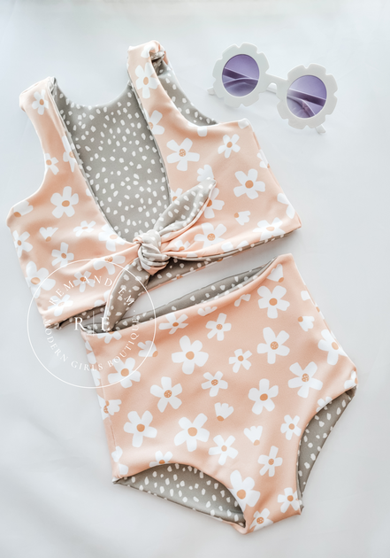 Girls Reversible Daisy Floral and Sage Green Dots Swimsuit – Rem and Em