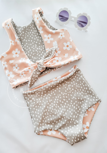 Girls Reversible Daisy Floral and Sage Green Dots Swimsuit – Rem and Em